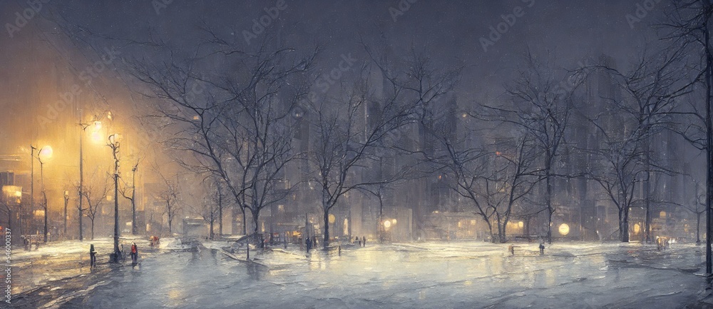 A Painting Of A Snowy City Street At Night, Astonishing Backdrop ...