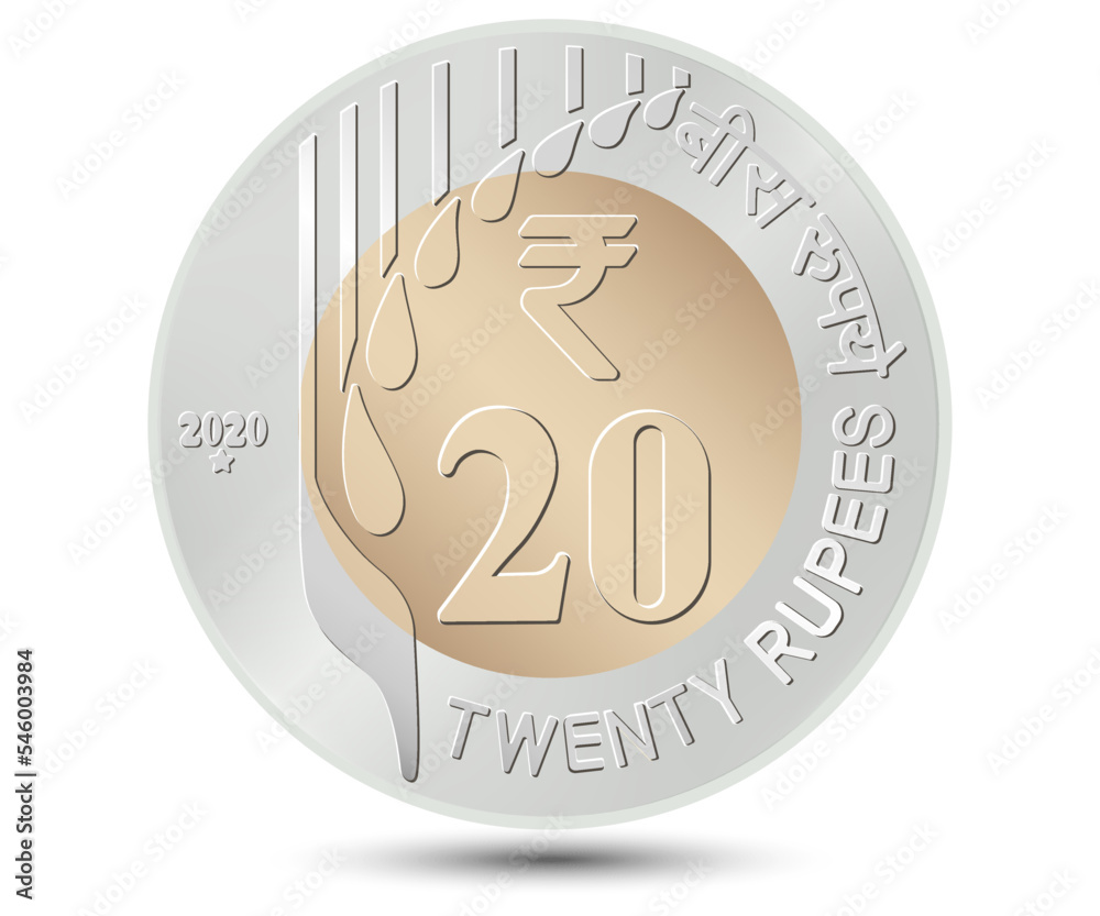 Twenty Rupees coin of India. Coin side isolated on white background ...