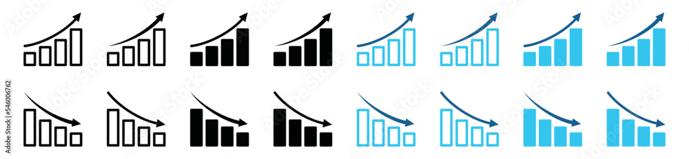 Chart up and chart down icon collection. Growing bar chart or growth ...