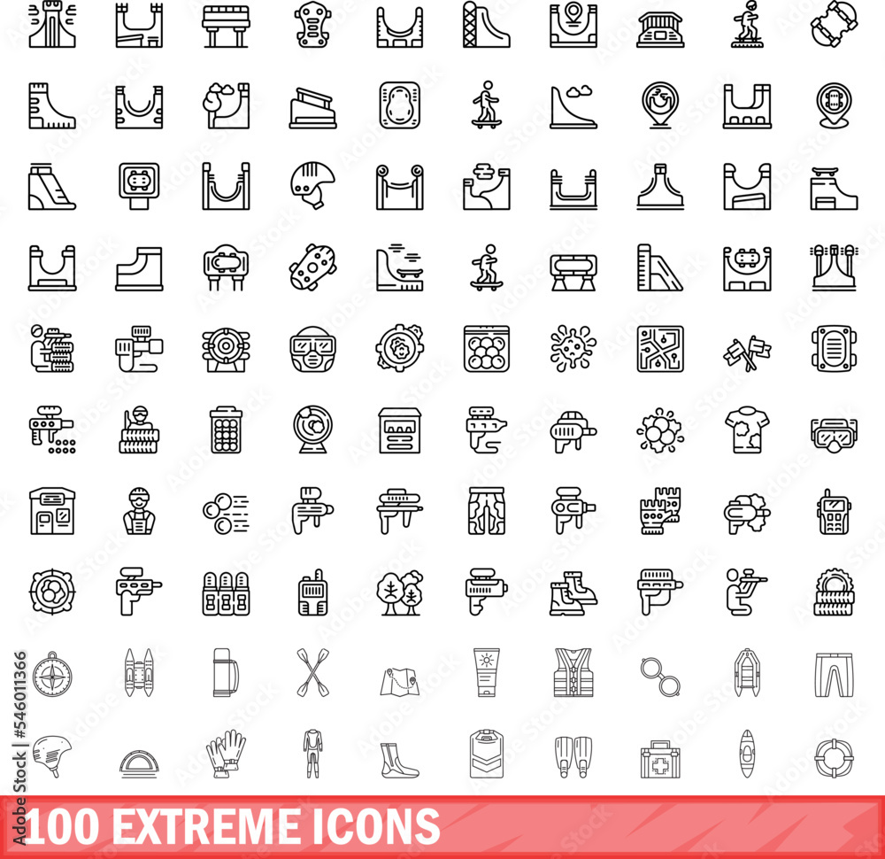 100 extreme icons set. Outline illustration of 100 extreme icons vector ...