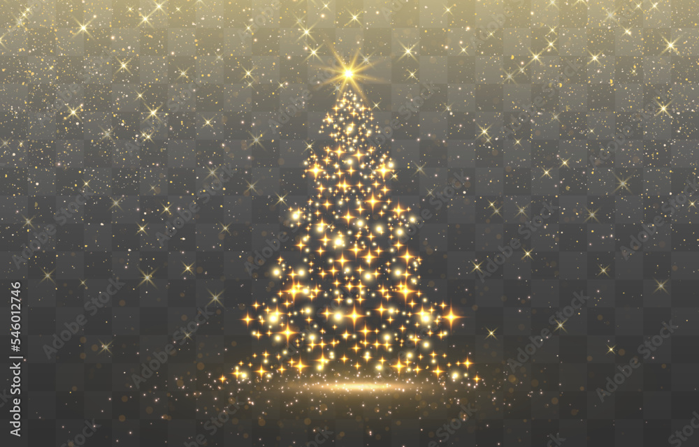 Shiny Christmas tree. Glitter gold particles shine effect on png ...
