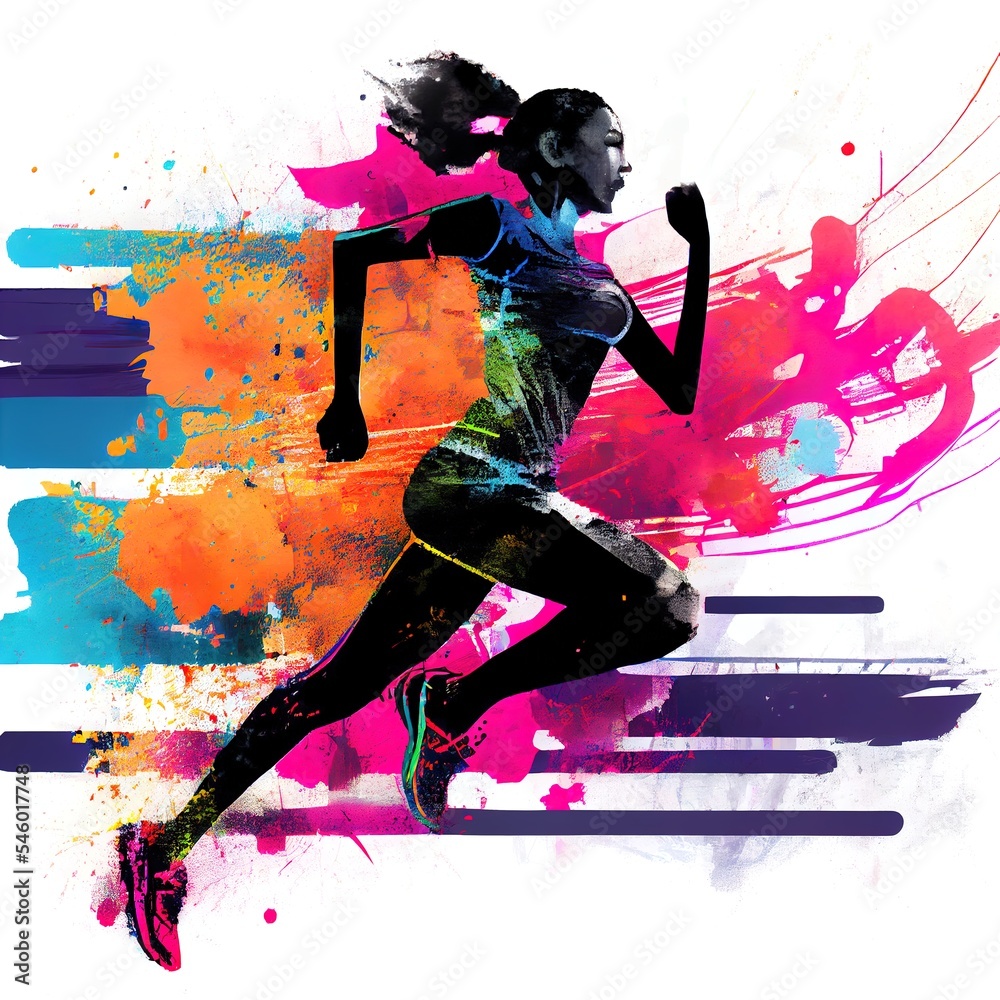Colourful painted portrait of a female runner, bold brush strokes ...