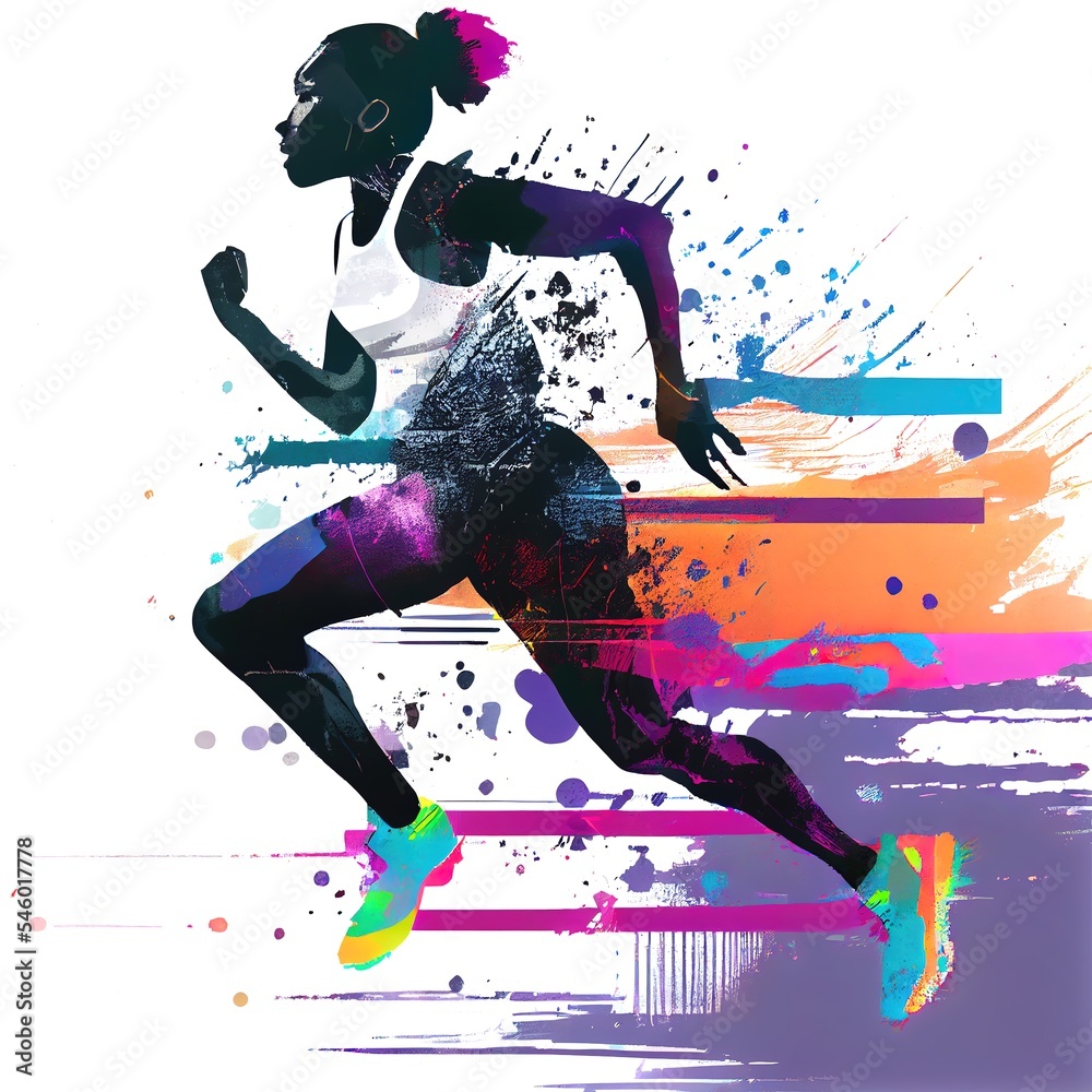 Colourful painted portrait of a female runner, bold brush strokes ...