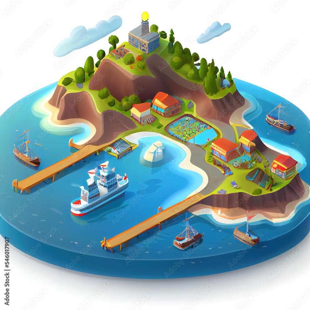 Isometric cartoon town with with marina bay and ships. Ai generated ...