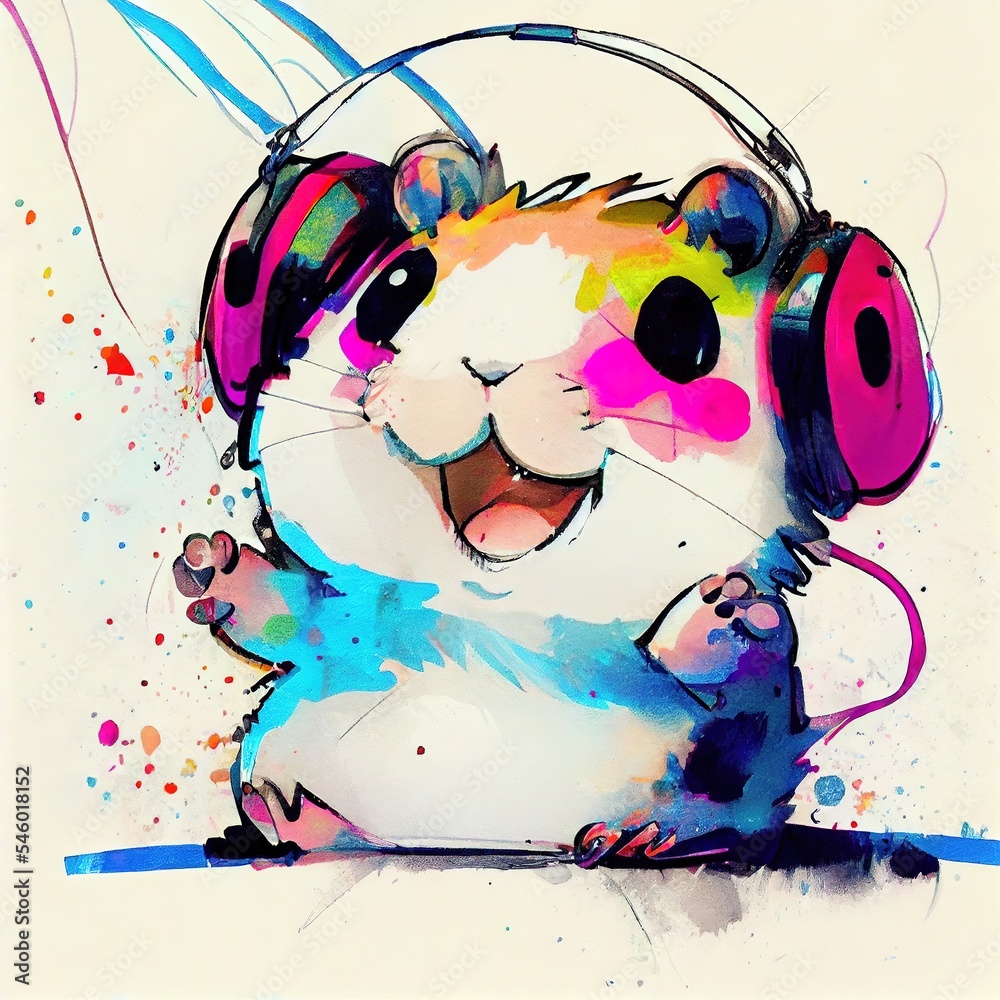 Colorful drawing of cute happy hamster in headphones, Ai generated ...