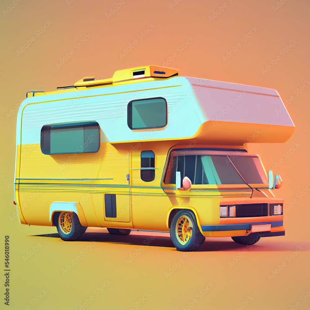 Cartoon rv bus isolated on yellow background. Isometric illustration in ...