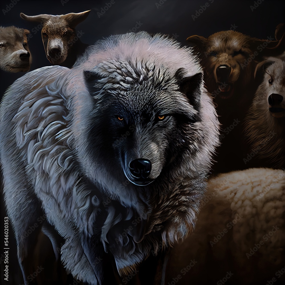 Wolf in sheep's clothing in the herd of sheeps. Ai generated ...