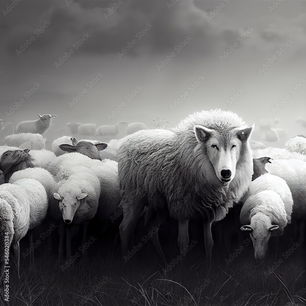 Wolf in sheep's clothing in the herd of sheeps. Ai generated ...