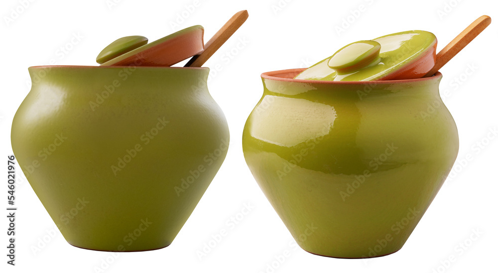 Green glazed clay pot with lid for cooking isolated on a transparent ...
