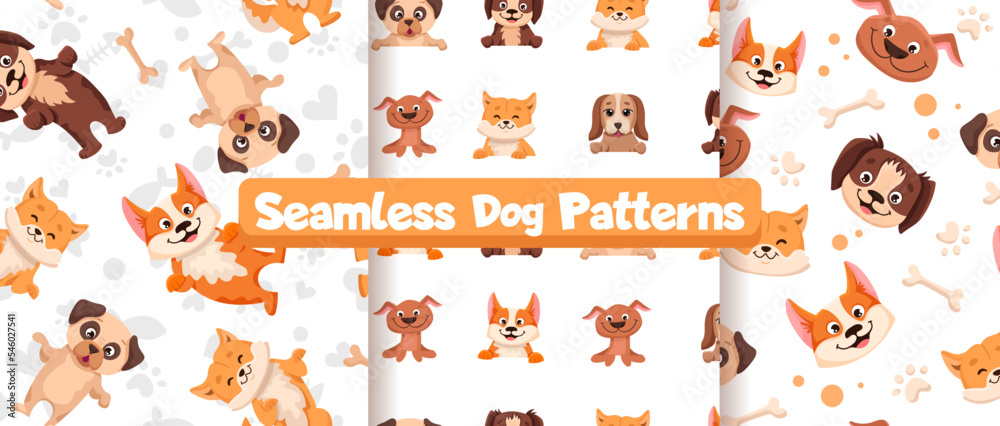 Set of Seamless patterns with cute pets. Colorful childish textures ...
