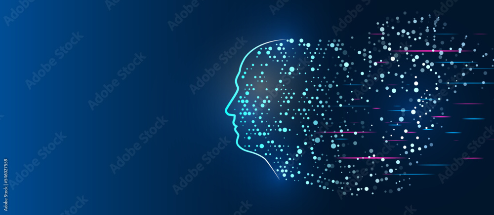 Head silhouette with particles on a dark blue background, data analysis ...