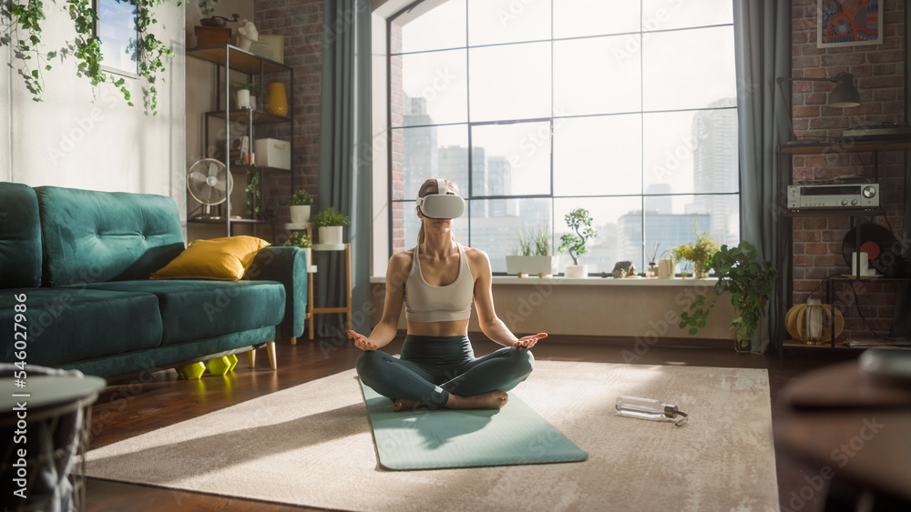 Young Athletic Woman Wearing Virtual Reality Headset, Practising ...