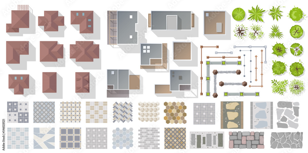 Set of Architectural and Landscape elements top view. Kit. Collection ...