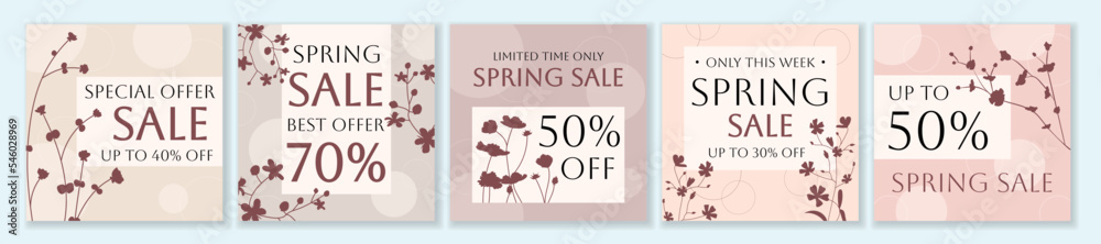Spring Sale square template set for ads posts in social media. Bundle ...