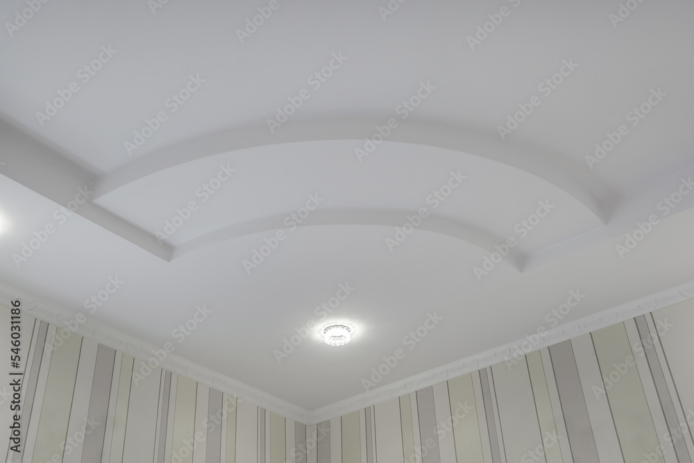Detail of corner ceiling with intricate crown molding. Suspended ...