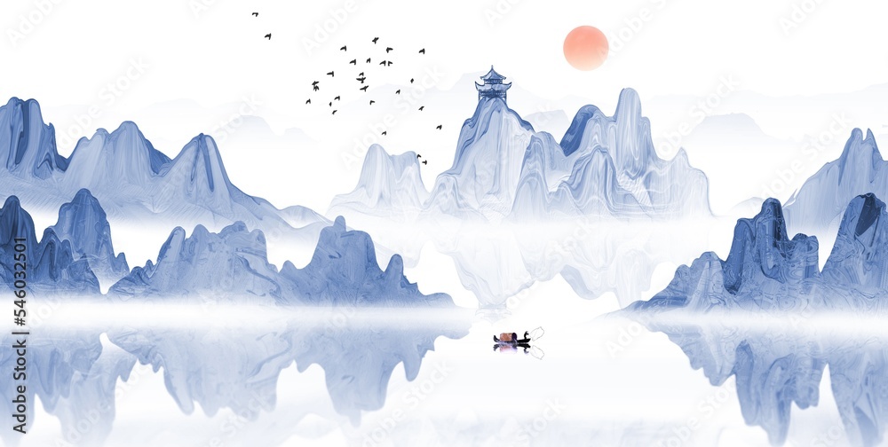 China's traditional Chinese painting ink in the mountains. hand drawn ...