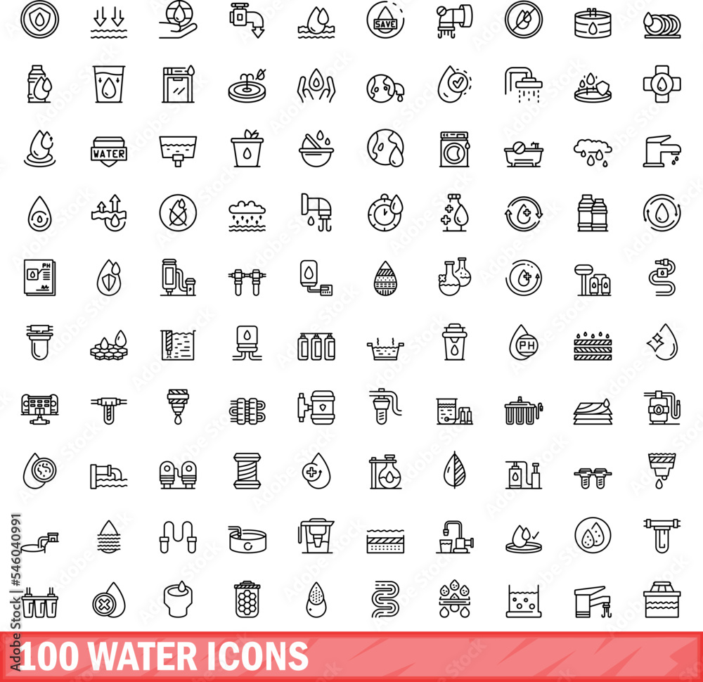 100 water icons set. Outline illustration of 100 water icons vector set ...