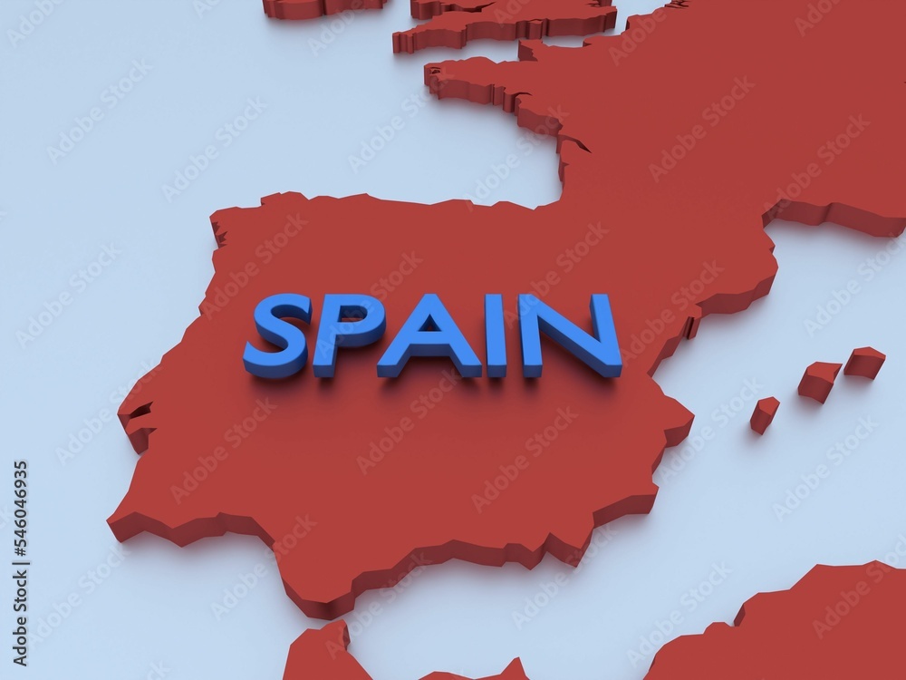 3D illustration of a map of Spain in red isolated on a plain blue ...
