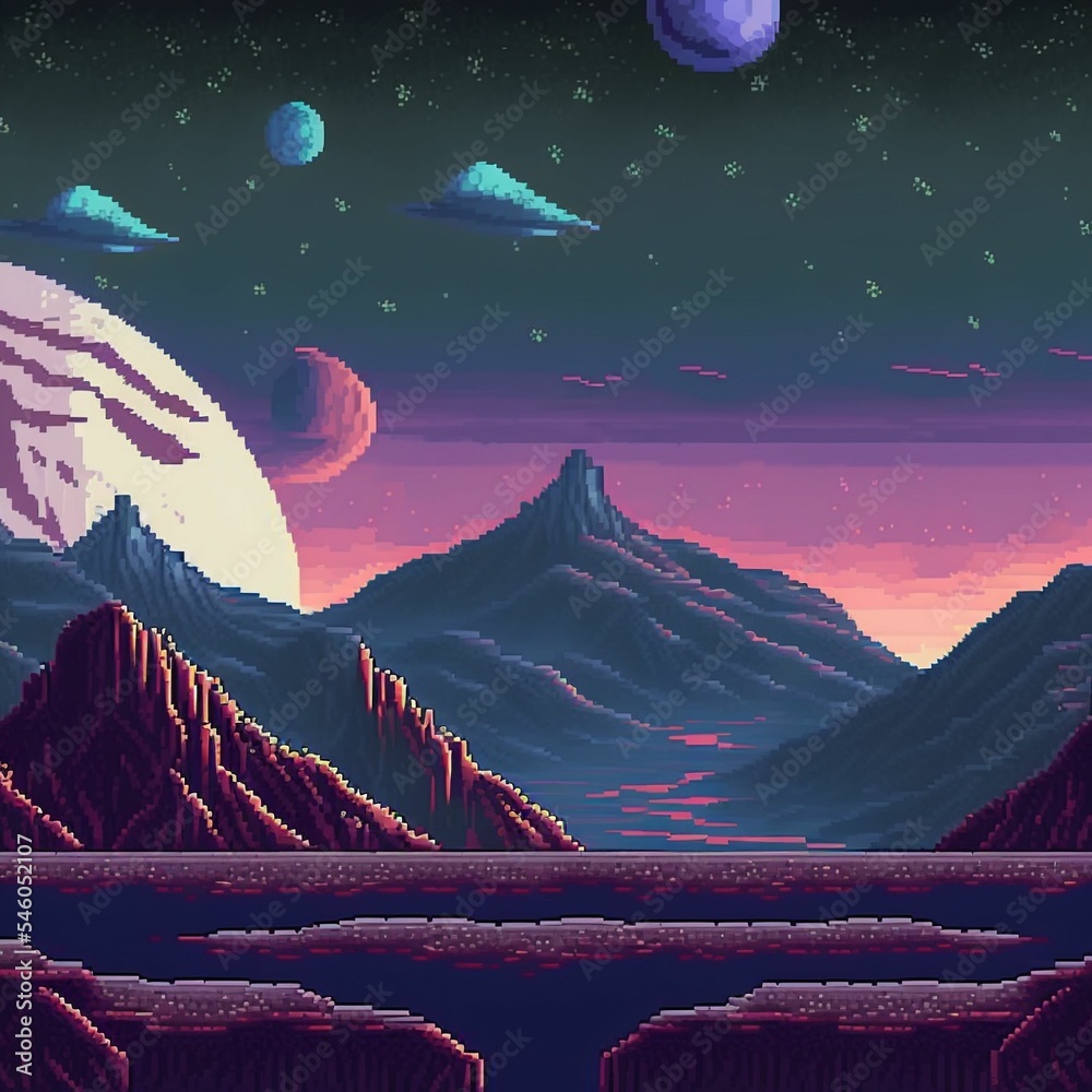 Pixel art game location. Cosmic area, planet surface Stock Illustration ...