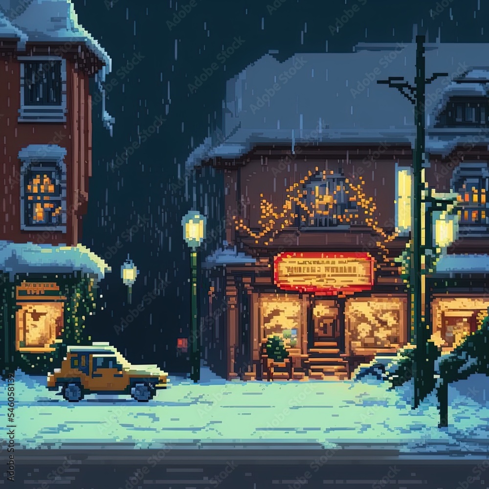Pixel Christmas snow evening on a old cozy city street. Snowfall. Warm ...