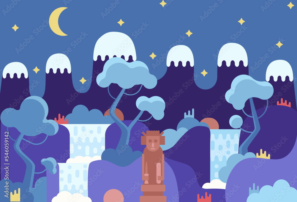 Stone idol in the jungle - vector cartoon illustration in flat stile ...