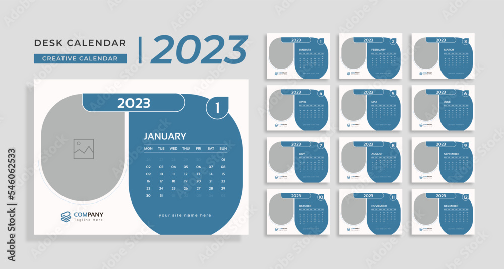 Blue 2023 new year calendar template, Desk Calendar, template vector ...