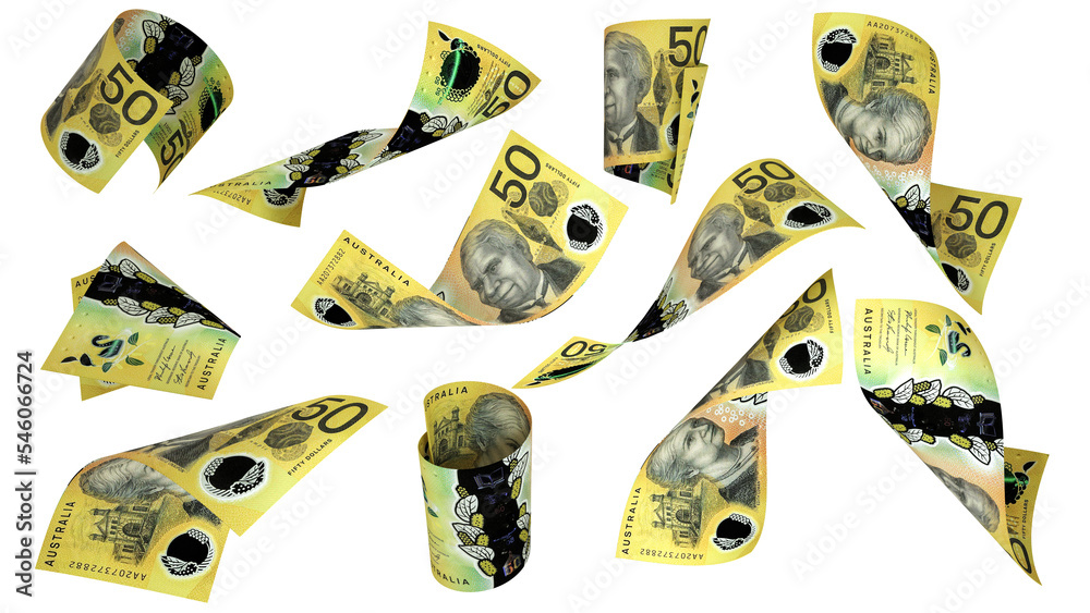 3D rendering of 50 Australian dollar notes flying in different angles ...