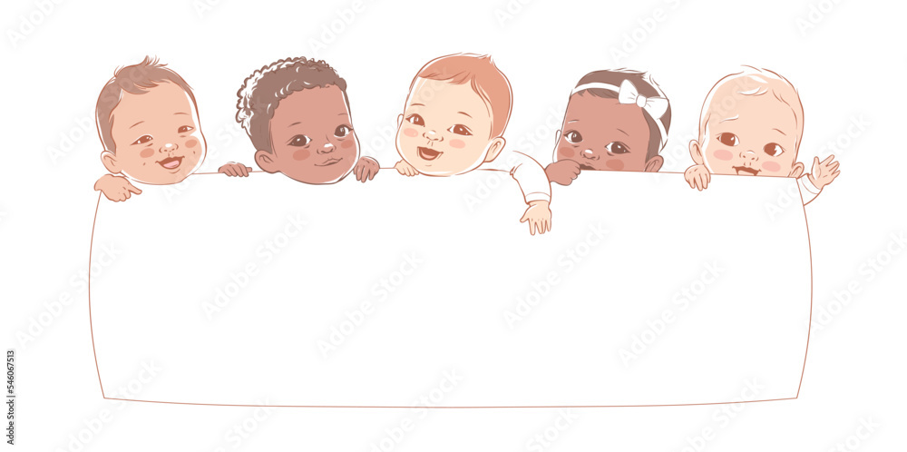 Multicultural babies hold a blank board. Cute little baby on a white ...
