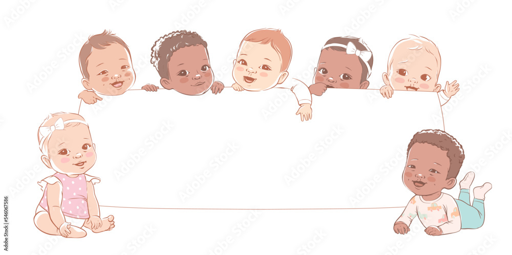 Multicultural babies hold a blank board. Cute little baby on a white ...