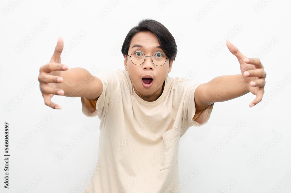 Wow and surprised face of young asian man feeling happy, excited and ...