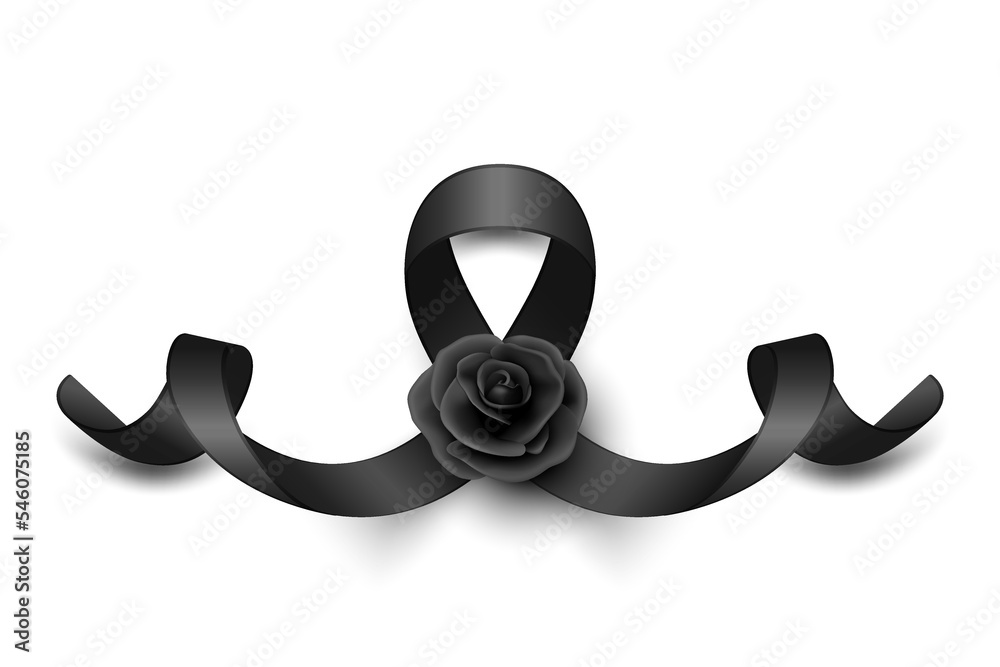 Vector Black Silk Ribbon with Black Rose. Design Template for Funeral ...