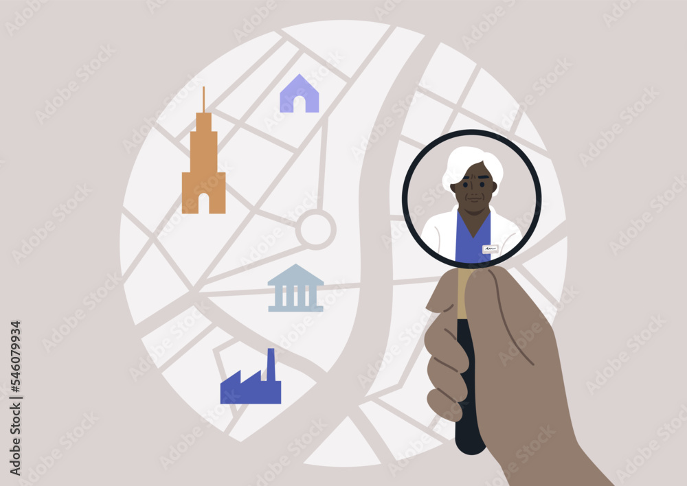Find a specialist, a magnifying glass scaling up a city map, a doctor ...