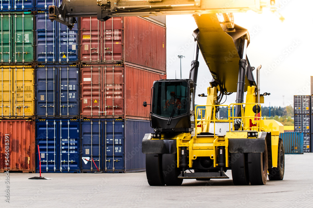 Container handlers. Forklift truck in shipping yard. Industrial ...