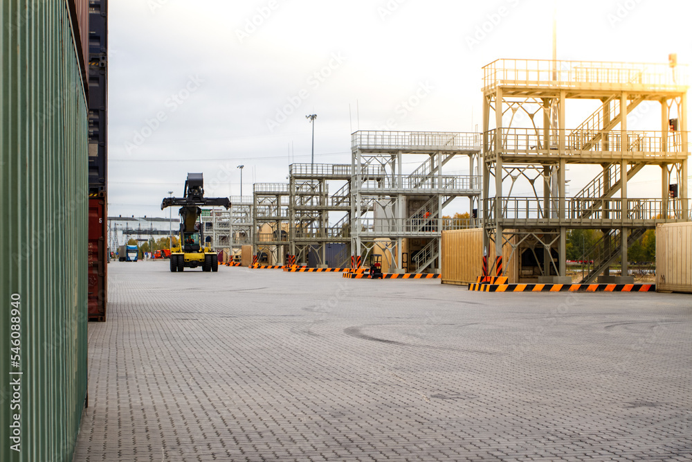 Stacked freight shipping containers and refrigerators. Refrigerated ...