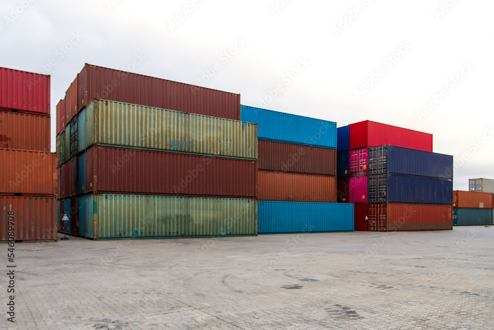 Cargo containers. Cargo container yard. Stack of freight containers at ...