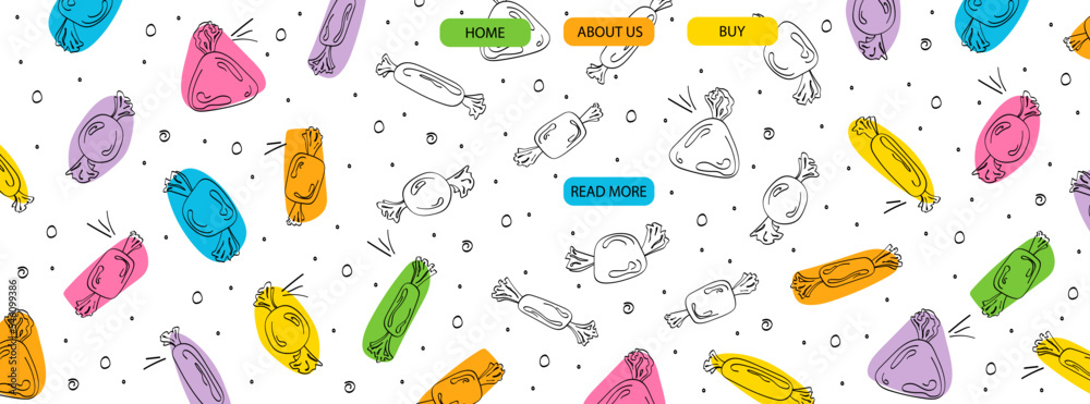 Landing page template with candy doodles vector illustration isolated ...