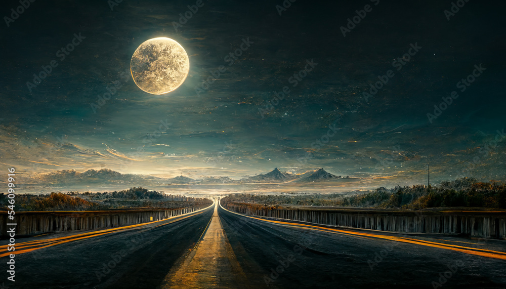beautiful full moon over a night highway running to the horizon ...