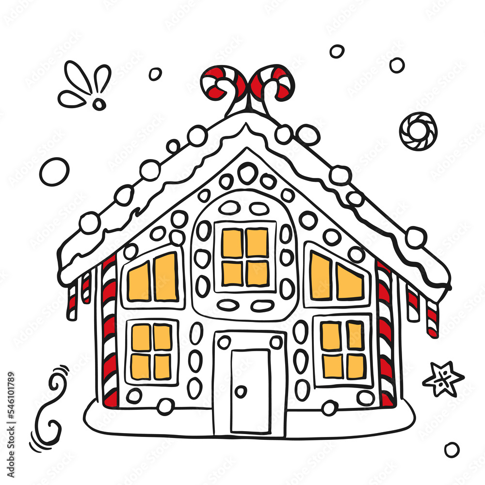 Gingerbread house for Christmas in doodle style. Cute honey gingerbread ...
