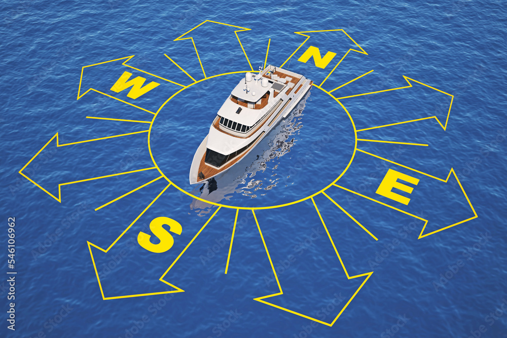 yacht on the arrows with the designation of cardinal points above view ...
