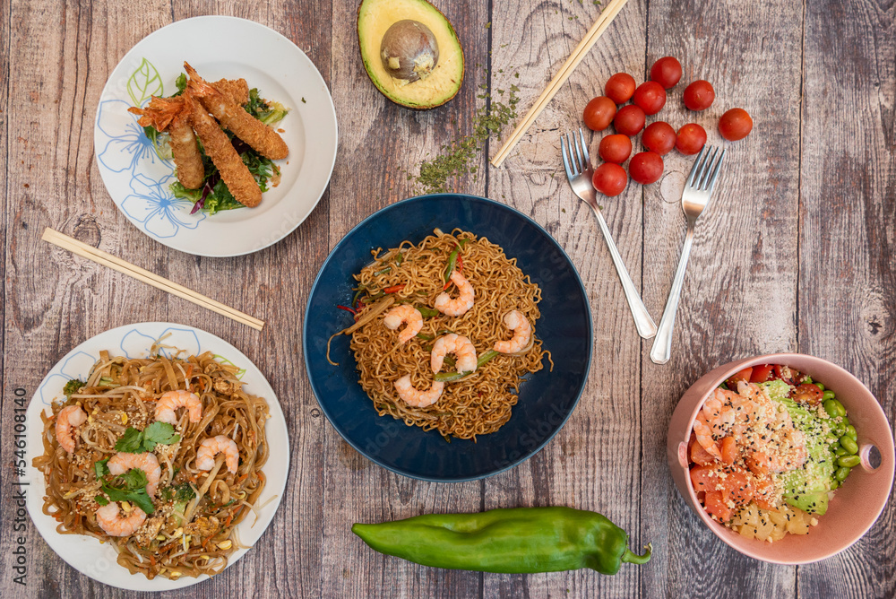 Typical Japanese food recipes with various types of sautéed noodles ...