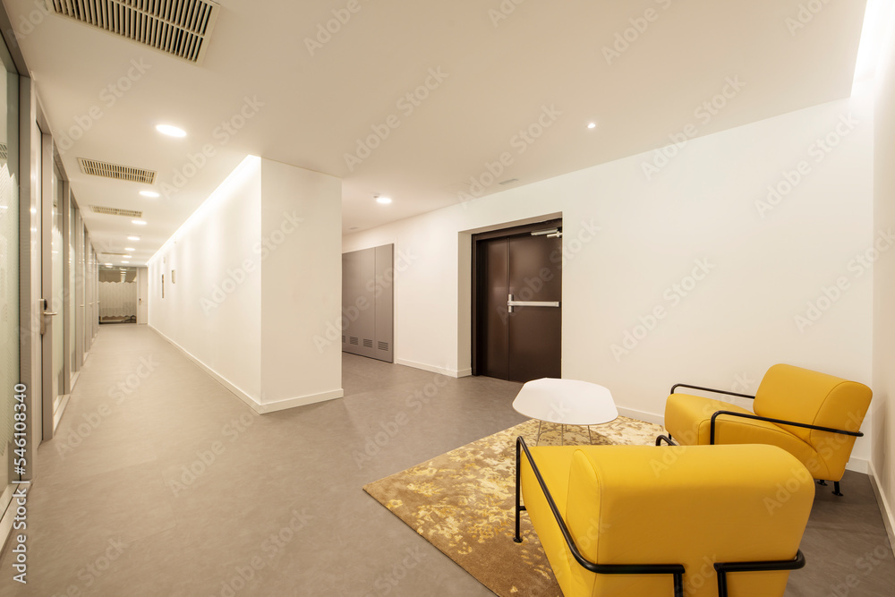Long corridors of a coworking office with cubicles and glass partitions ...