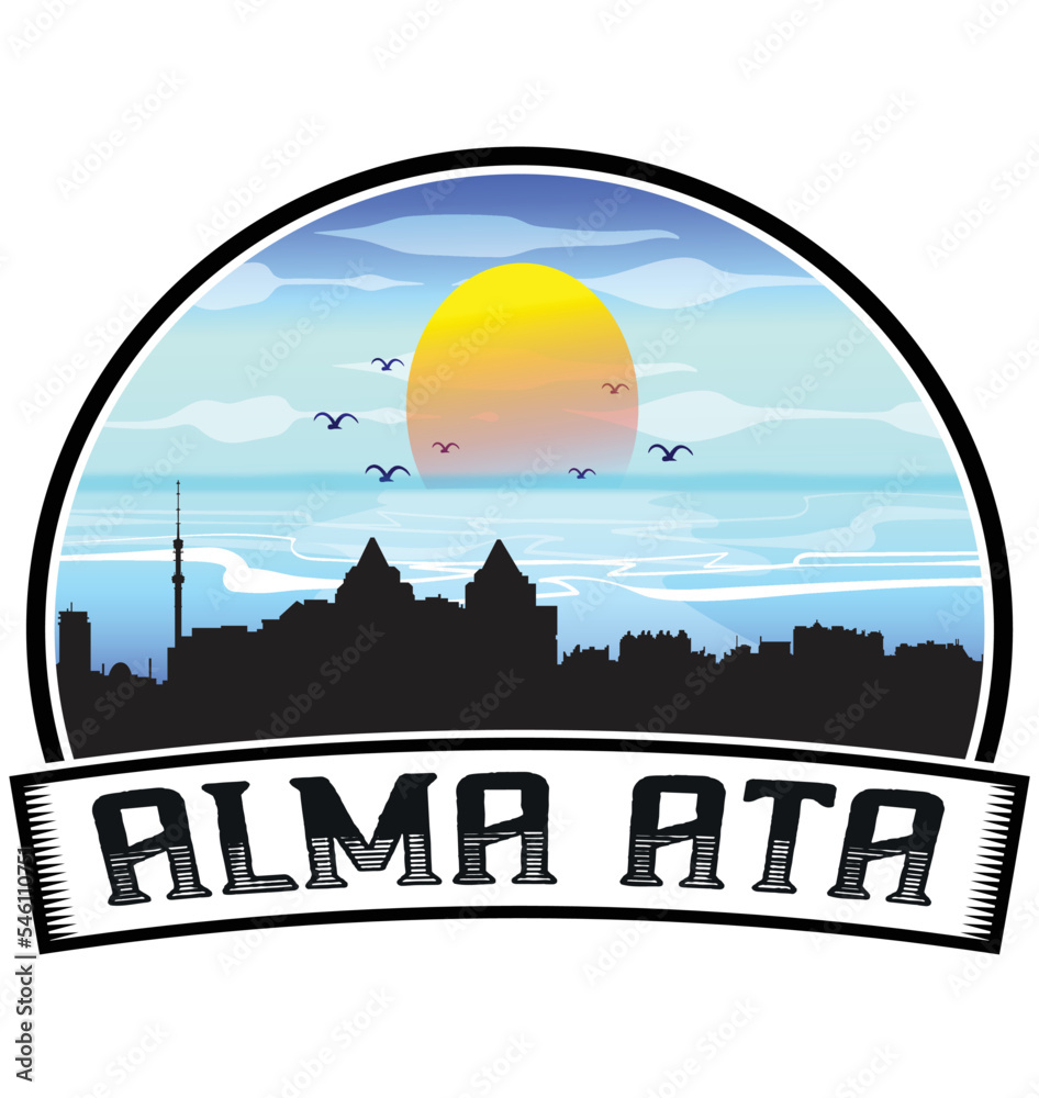 Alma Ata Kazakhstan Skyline Sunset Travel Souvenir Sticker Logo Badge ...