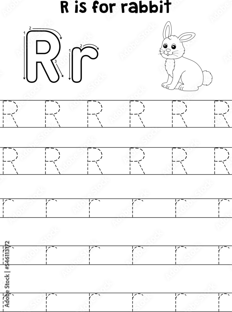 Rabbit Animal Tracing Letter ABC Coloring Page R Stock Vector | Adobe Stock