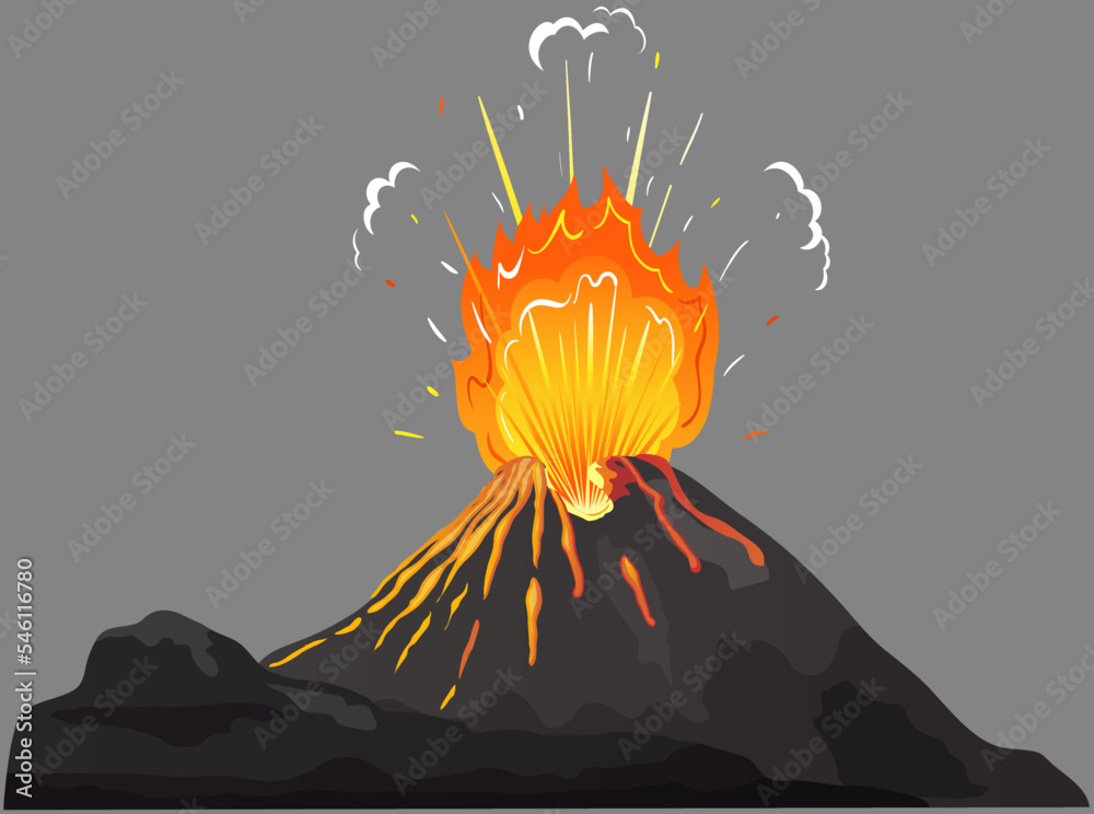 Volcanic eruption stages set. Steaming volcano, hot burning magma ...