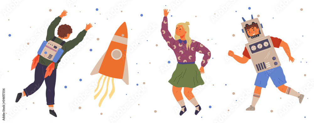 Set of happy people in different costumes for space party. Characters ...