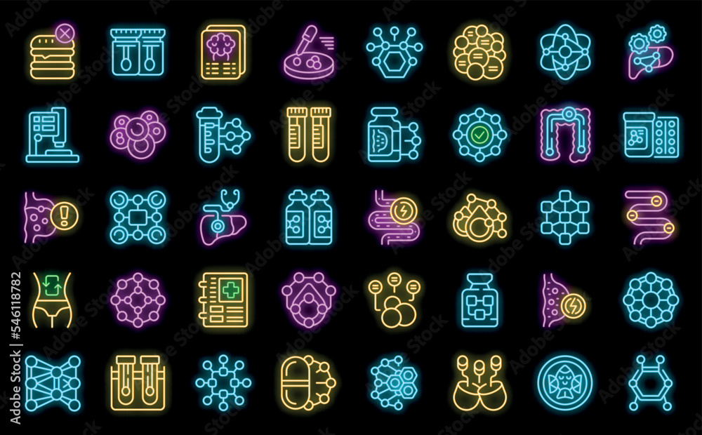 Enzymes icons set outline vector. Digestive food. Structure body neon ...
