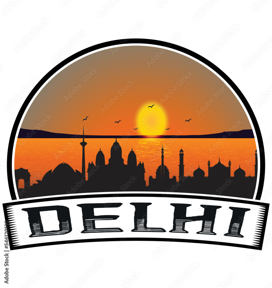 Delhi India Skyline Sunset Travel Souvenir Sticker Logo Badge Stamp ...
