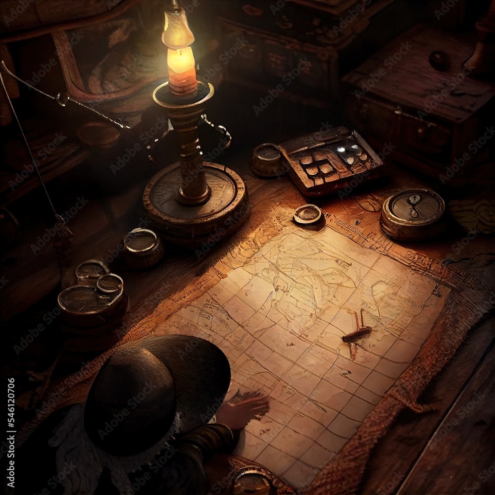 An ancient pirate map in the cabin of a pirate ship. Image of an ...
