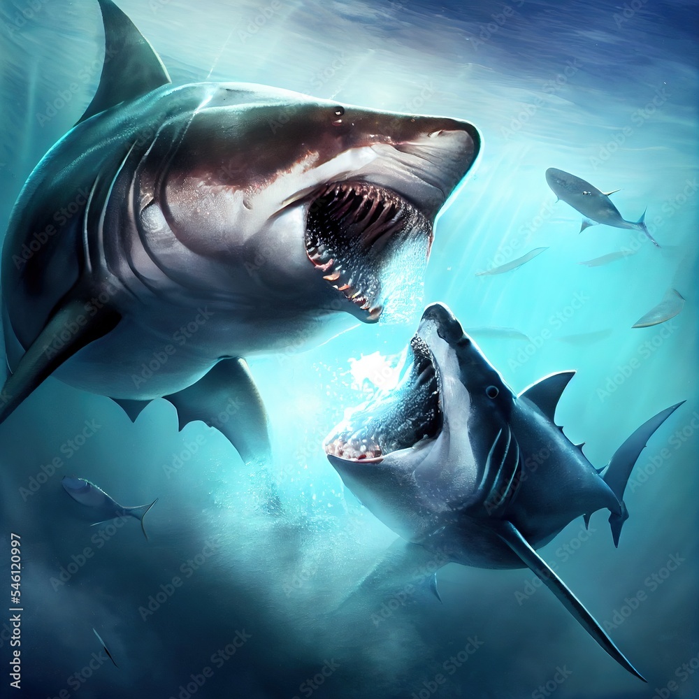 The battle of the two big menacing sharks in the ocean. The Bloody ...