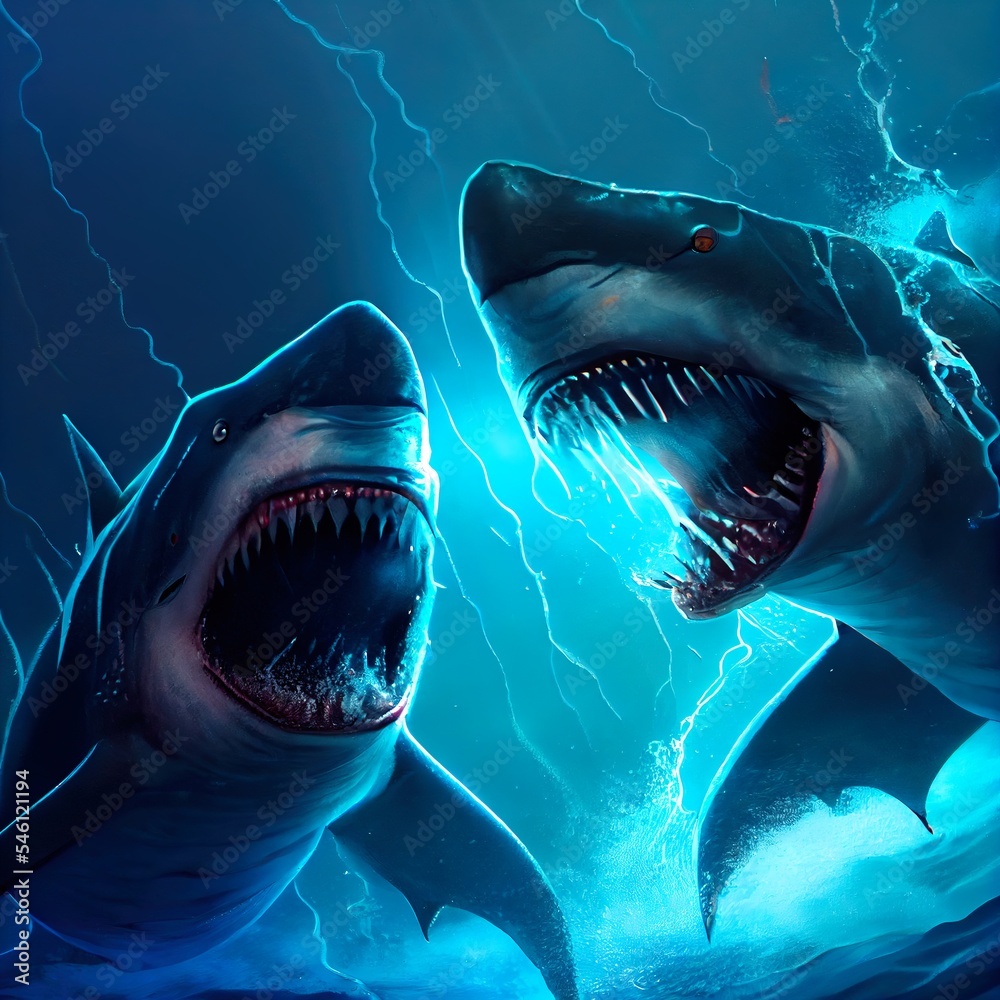 The battle of the two big menacing sharks in the ocean. The Bloody ...